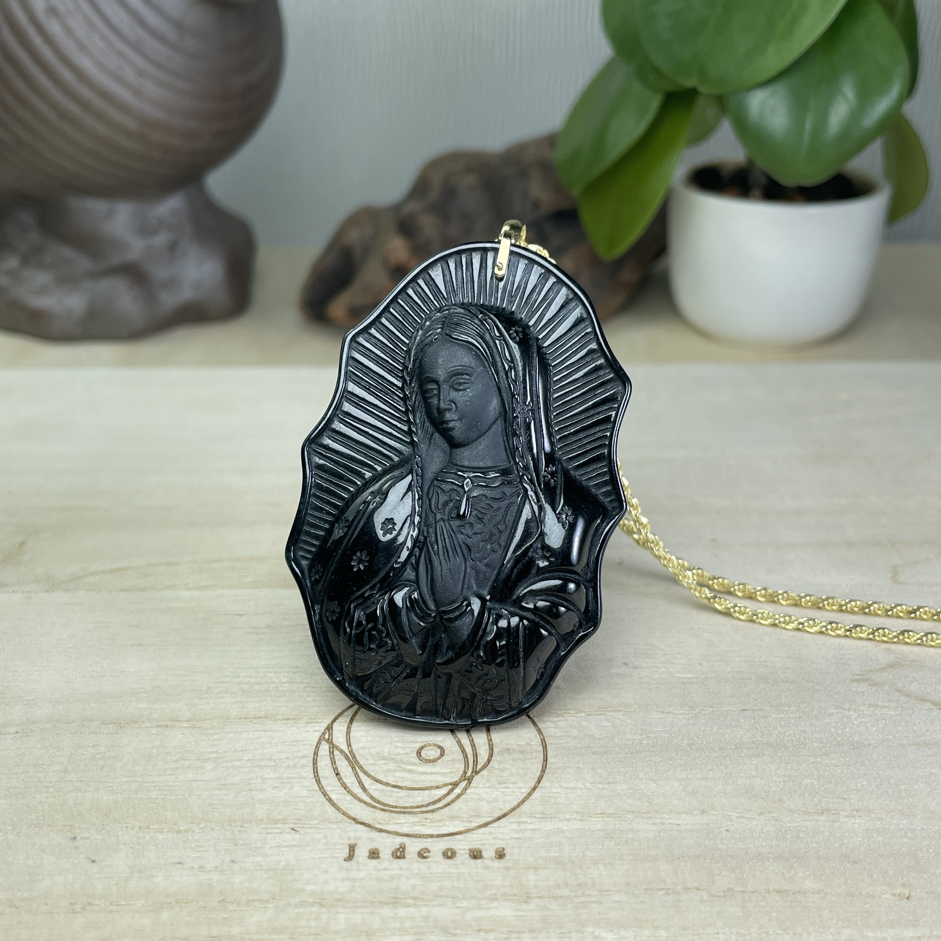 Our Lady of Guadelupe Statue Necklace, Virgin Mary Carving Black Jade ...