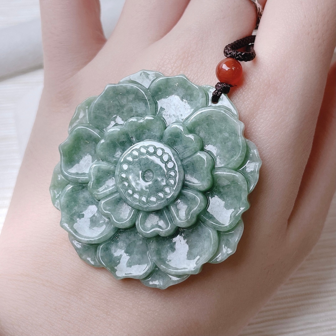 Real Jade Flower Charm Necklace, Carving Lotus Pendant Amulet ...