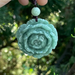 Real Jade Flower Rose Necklace, Light Green Plant Floral Pendant Charm ...
