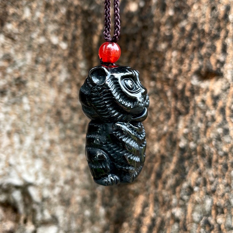 Real Cute Carving Jade Tiger Necklace, Black Jade Charm Pendant for Men ...