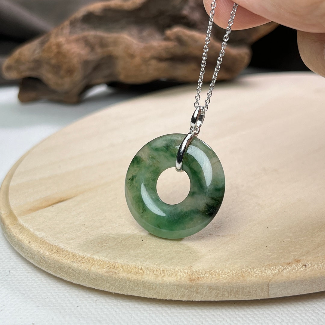 Rare Deep Green Jade Donut Charm Necklace, Round Disc Bi Pi Amulet ...