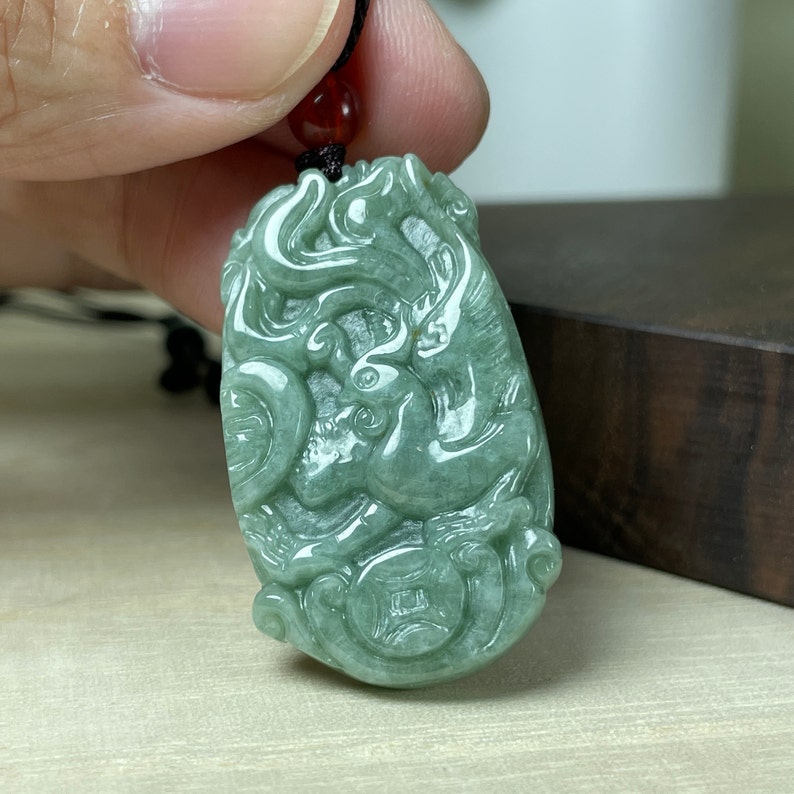 Real Green Jade Charm Necklace, Carving Dragon Phoenix Pair Pendant ...