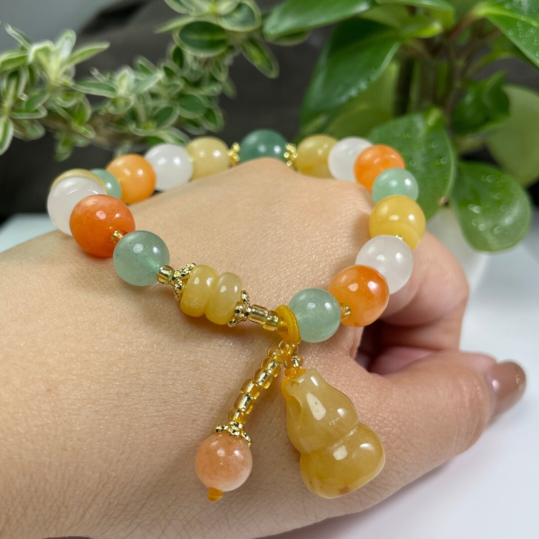 Jade Bead Bracelet, Yellow Jade Calabash Charm Armband, Chinese ...
