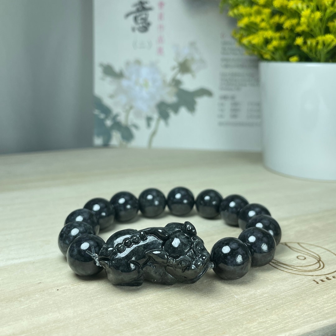 Pixiu Bracelet, Real Black Jade Beaded With Lucky Carving Piyao Charm ...
