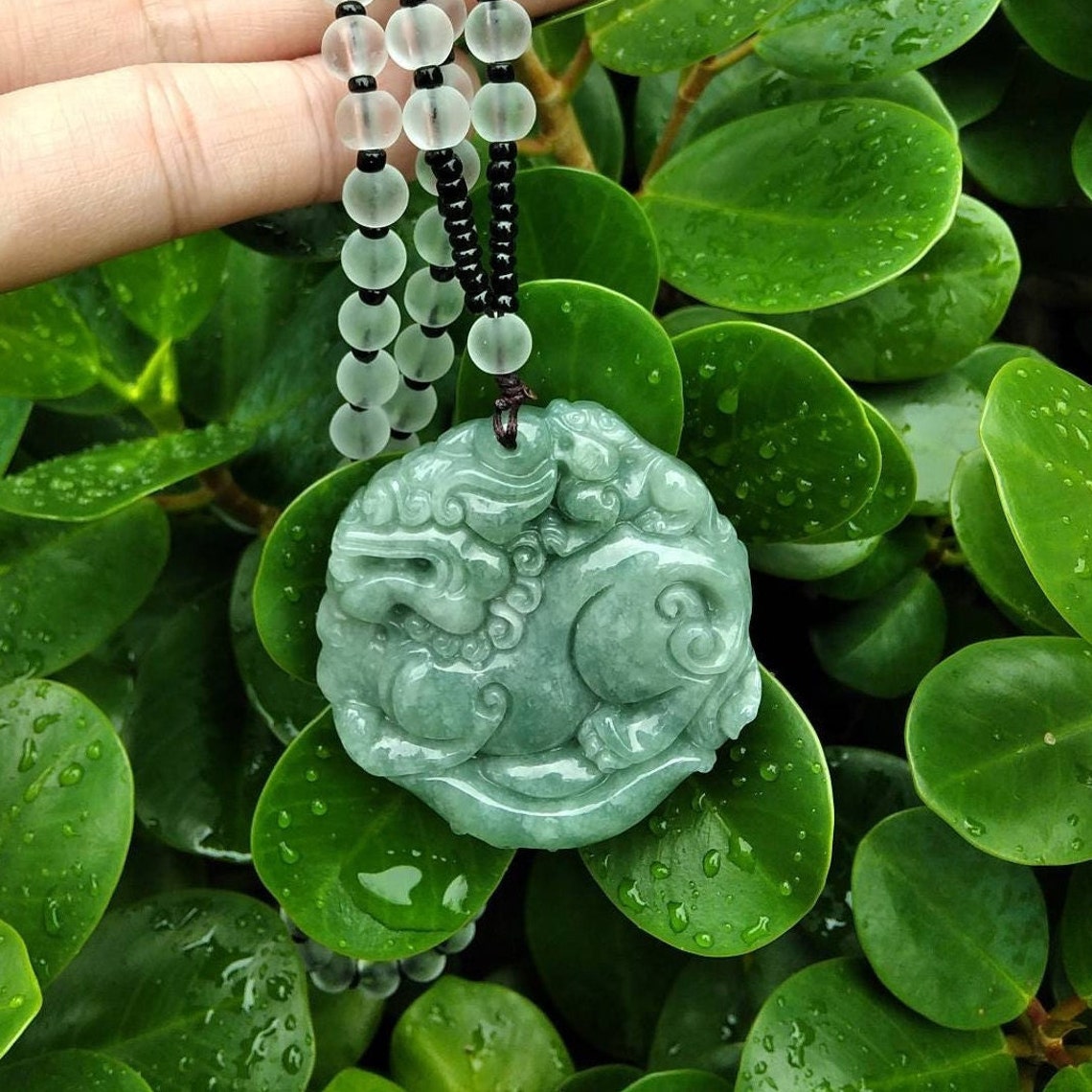 Real 2-sided Carving Kirin Qilin Green Jade Necklace, Type A Jadeite ...