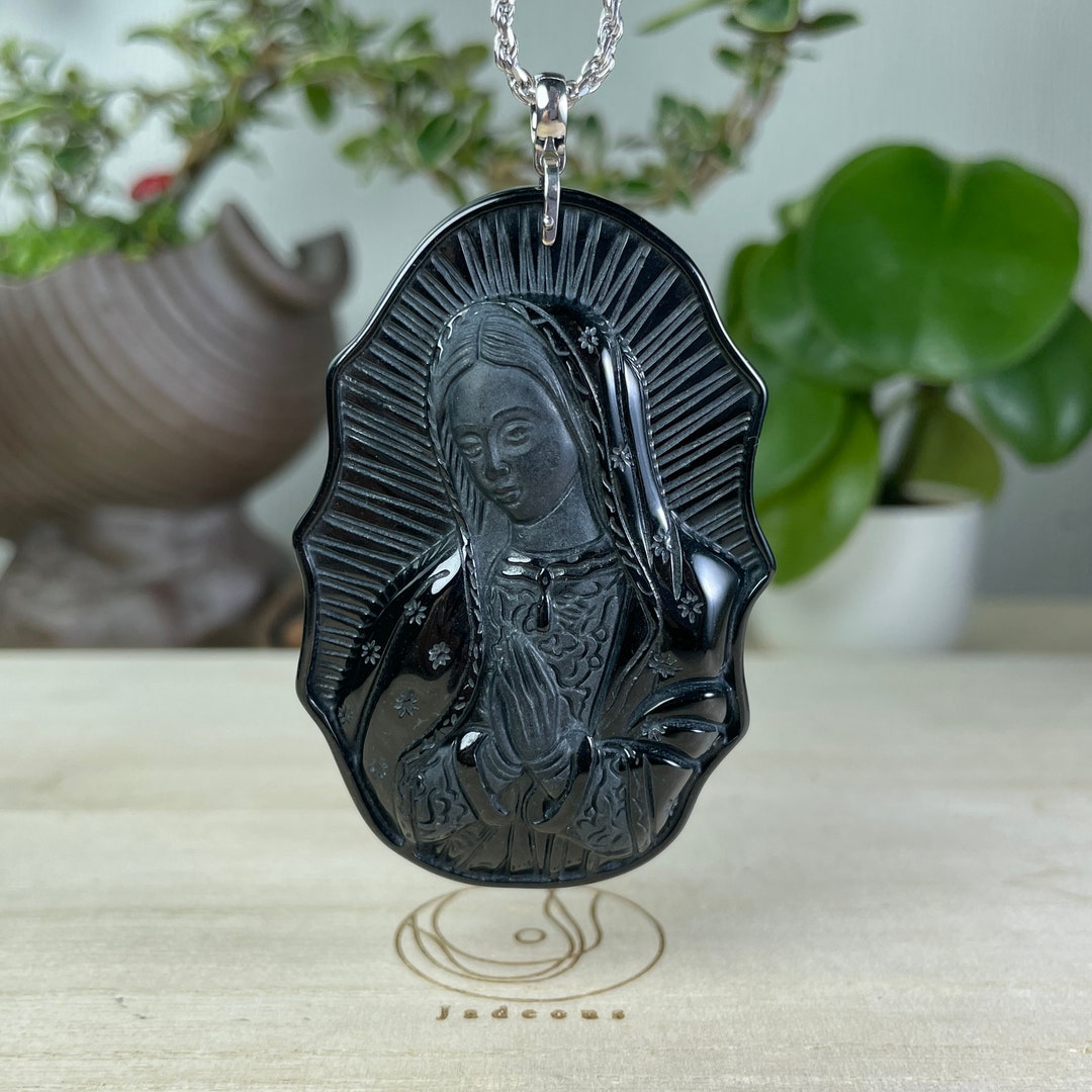 Virgin Mary Statue Necklace, Our Lady of Grace Carving Black Jade ...