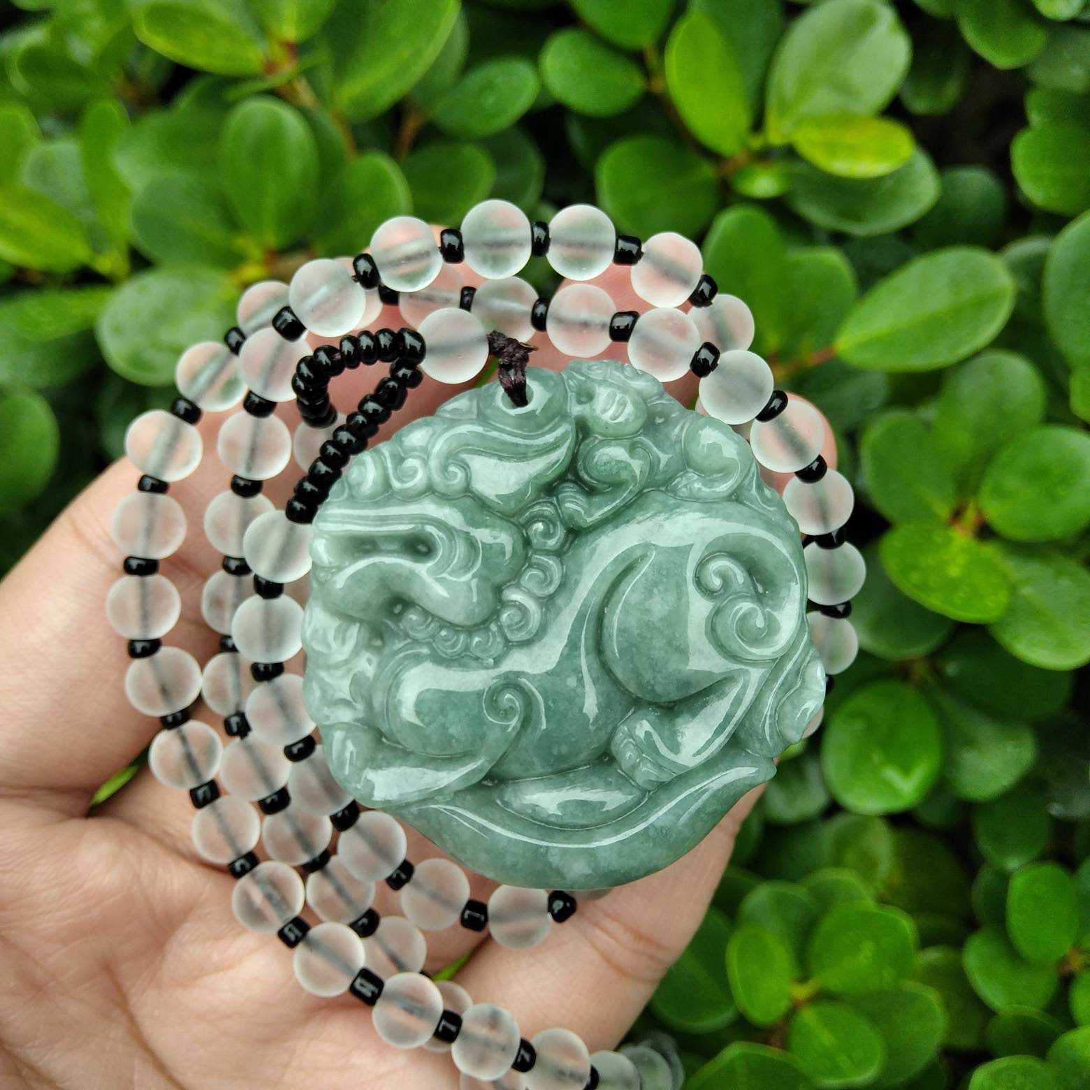 Real 2-sided Carving Kirin Qilin Green Jade Necklace, Type A Jadeite ...