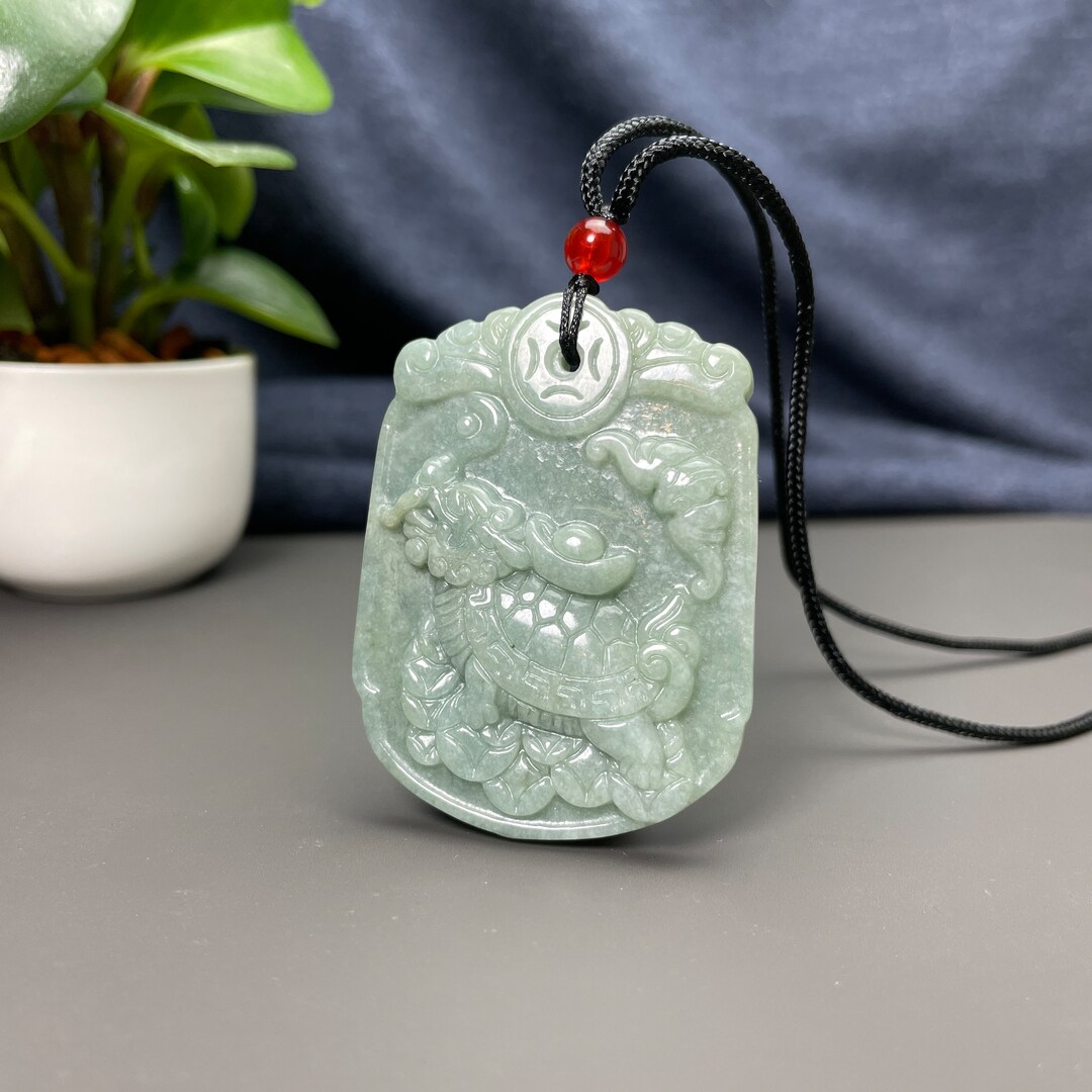 Genuine Green Jade Dragon Head Turtle Necklace, Chinese Lucky Carving ...