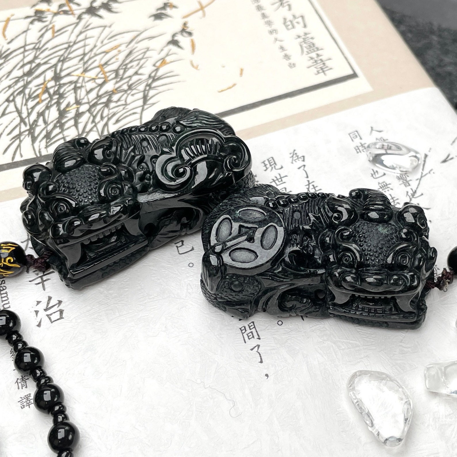 Real Black Jade Pixiu Piyao Couple Pair Matching Necklace, Chinese ...