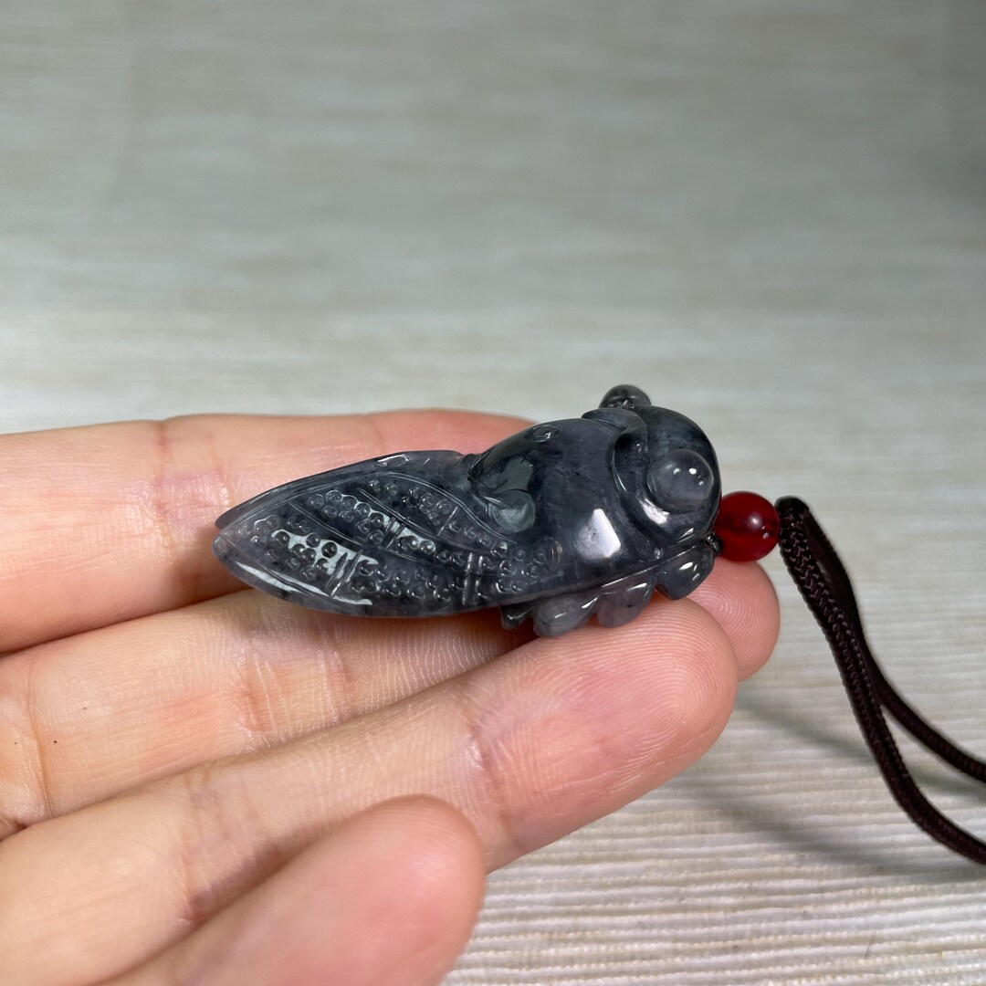 Real Jade Cicada Charm Necklace for Men, Icy Black Cute Carving Natural Jade Pendant Jewelry ...