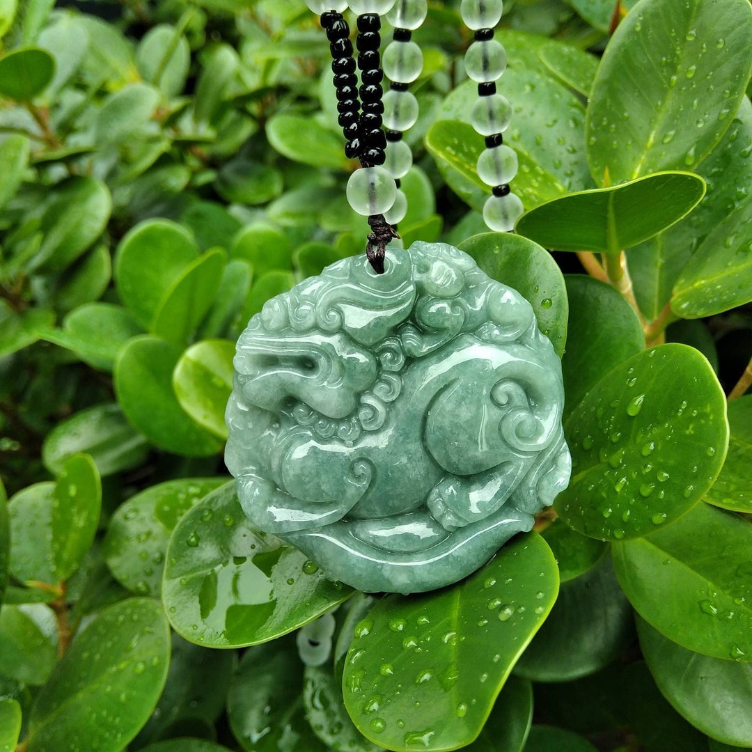 Real 2-sided Carving Kirin Qilin Green Jade Necklace, Type A Jadeite ...