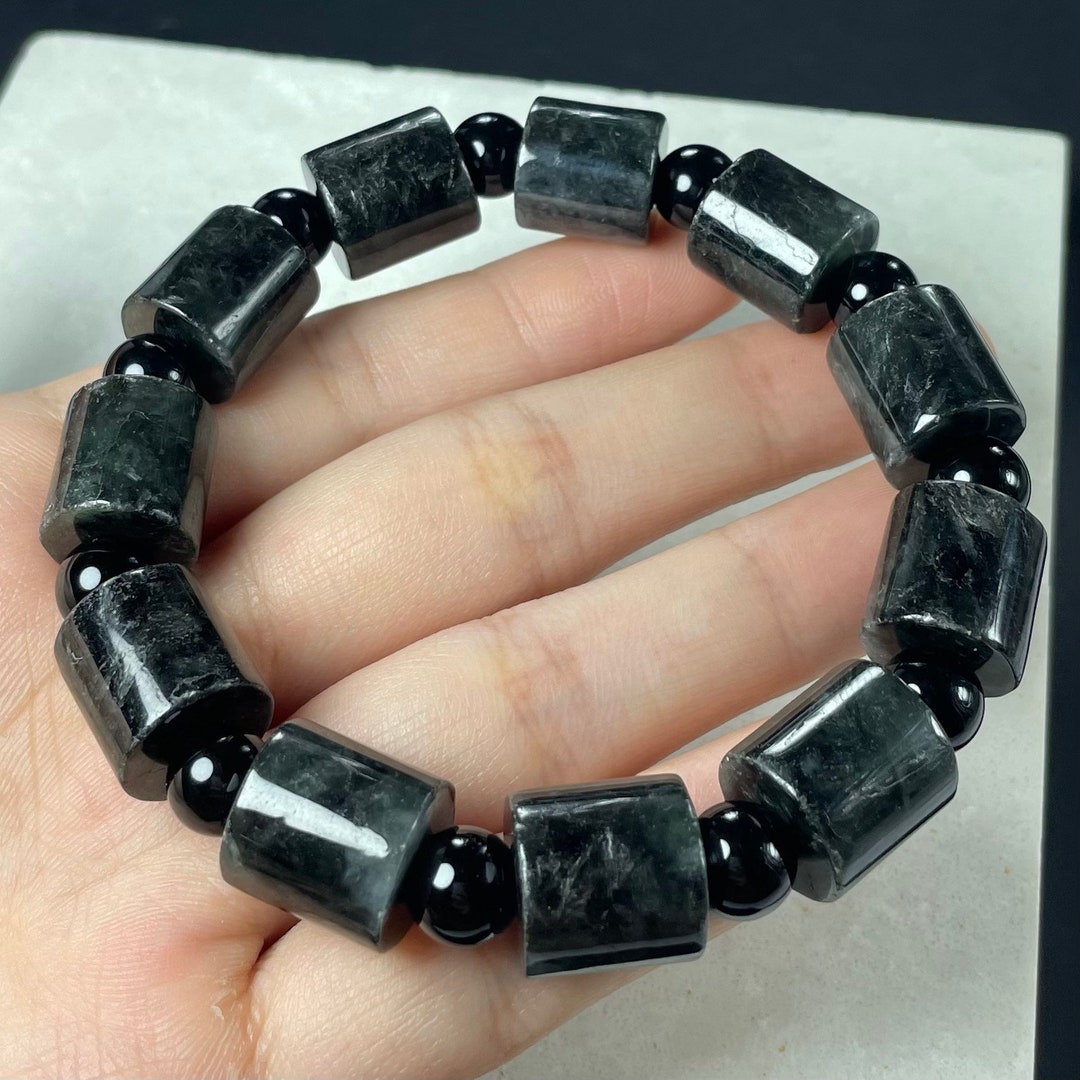 Real Black Jade Bead Bracelet Men, Natural Ink Jadeite Lulutong Beaded ...