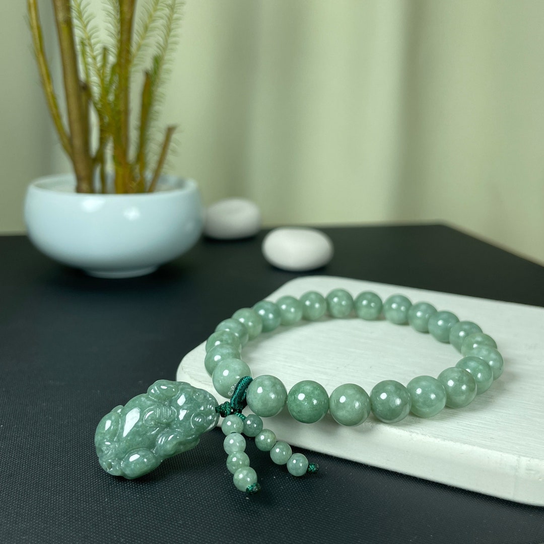 Real Jade Pixiu Bracelet, Green Jade Beaded With Lucky Carving Piyao ...