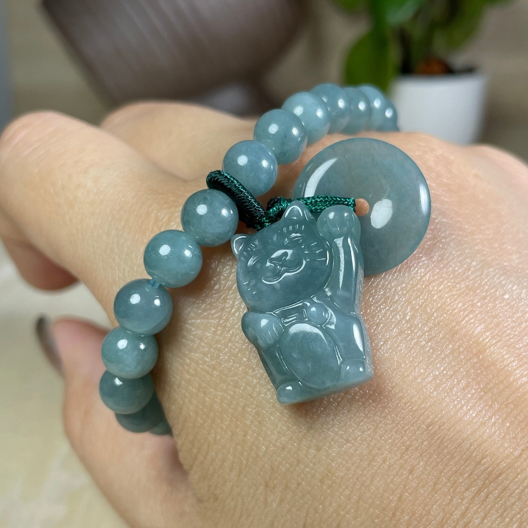 Jade Lucky Cat Bracelet, Green Jade Beaded Japanese Maneki Neko & Donut ...