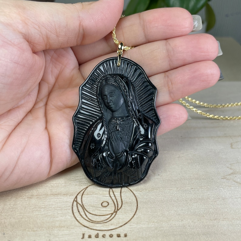Our Lady of Guadelupe Statue Necklace, Virgin Mary Carving Black Jade ...