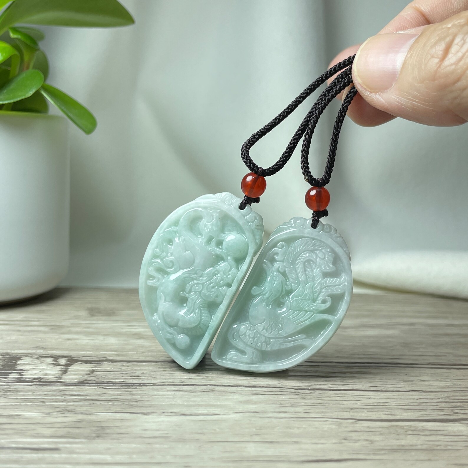Authentic Jade Dragon Phoenix Pair Necklace, Real Jadeite Love Couple ...