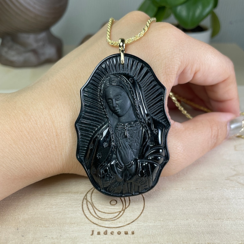 Our Lady of Guadelupe Statue Necklace, Virgin Mary Carving Black Jade ...