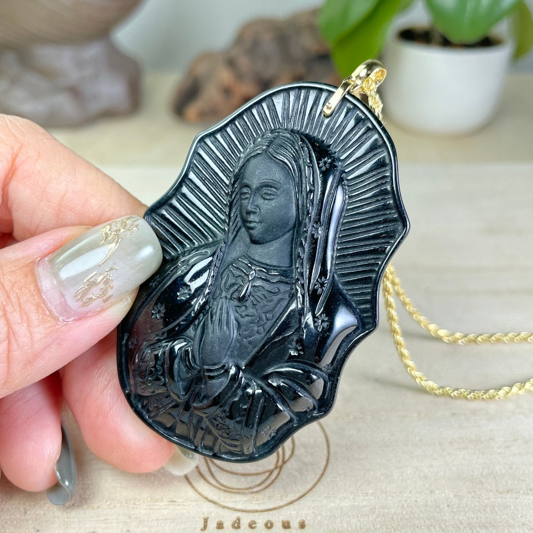 Our Lady of Guadelupe Statue Necklace, Virgin Mary Carving Black Jade ...