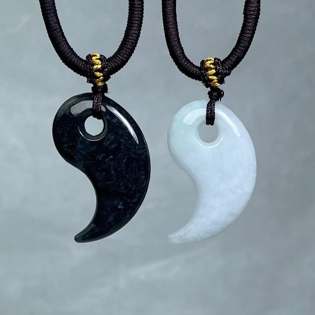 Real Grade A Jade Japan Magatama Charm: Natural White/ Black Jade ...