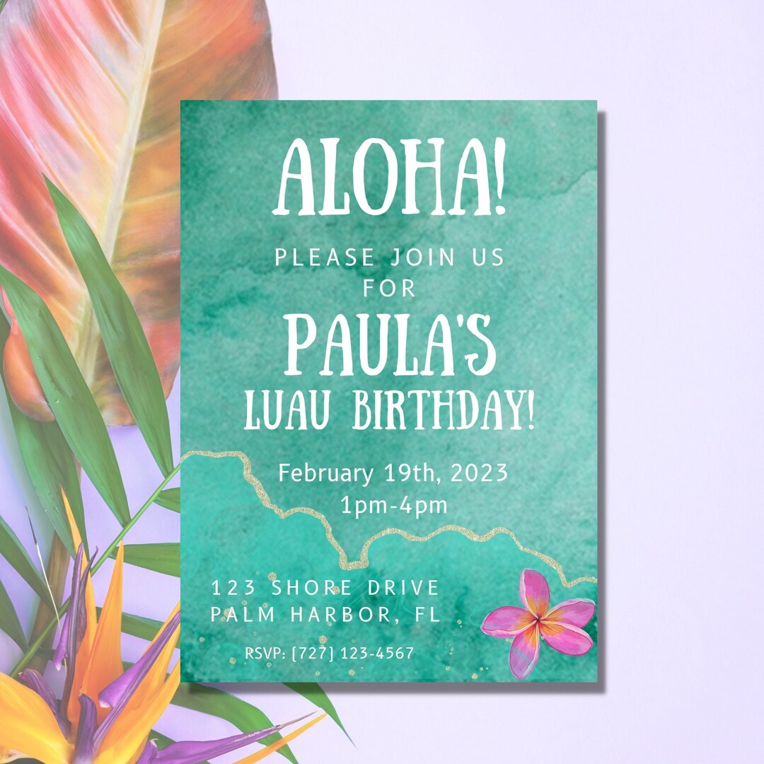 Editable Hawaiian Luau Birthday Invitation Tropical Pool Party Luau ...