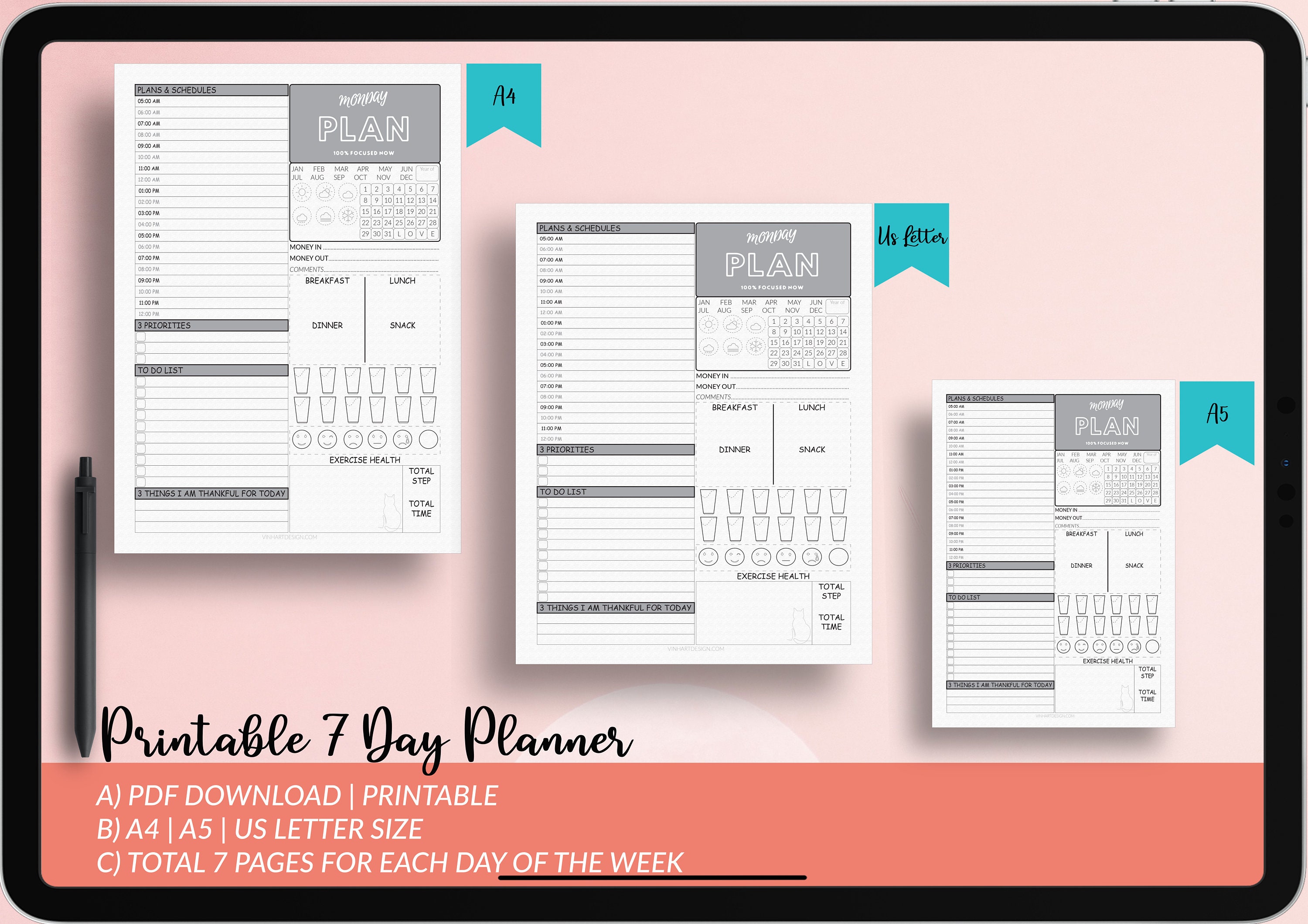 Printable 7 Day Planner Daily Planner Printable Daily | Etsy