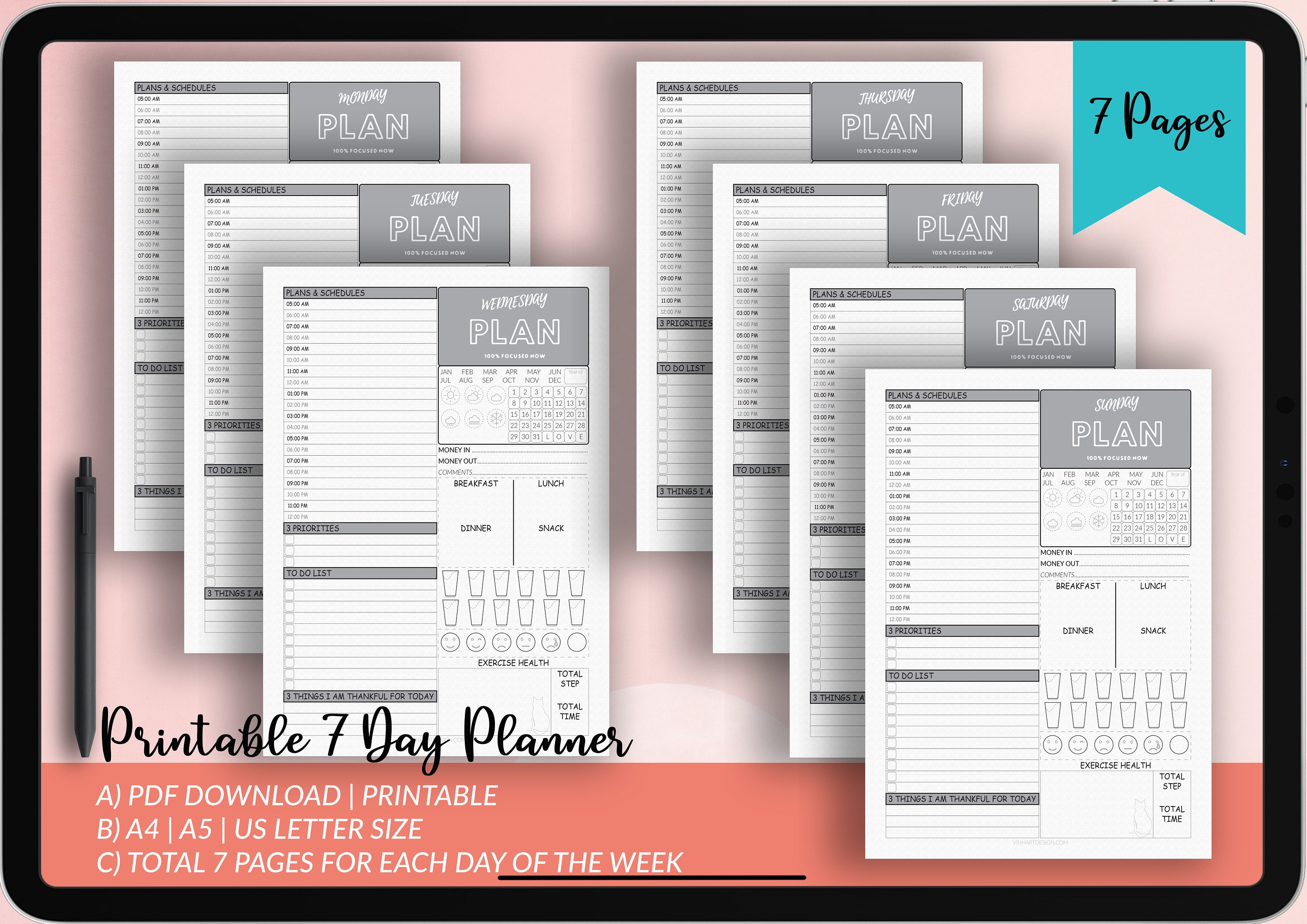 Printable 7 Day Planner Daily Planner Printable Daily | Etsy
