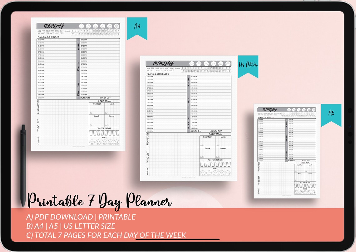 Printable 7 Day Planner Daily Planner Printable Daily | Etsy