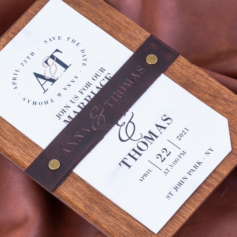 Leather Detailed Wooden Invitation Wood Wedding Invitation - Etsy
