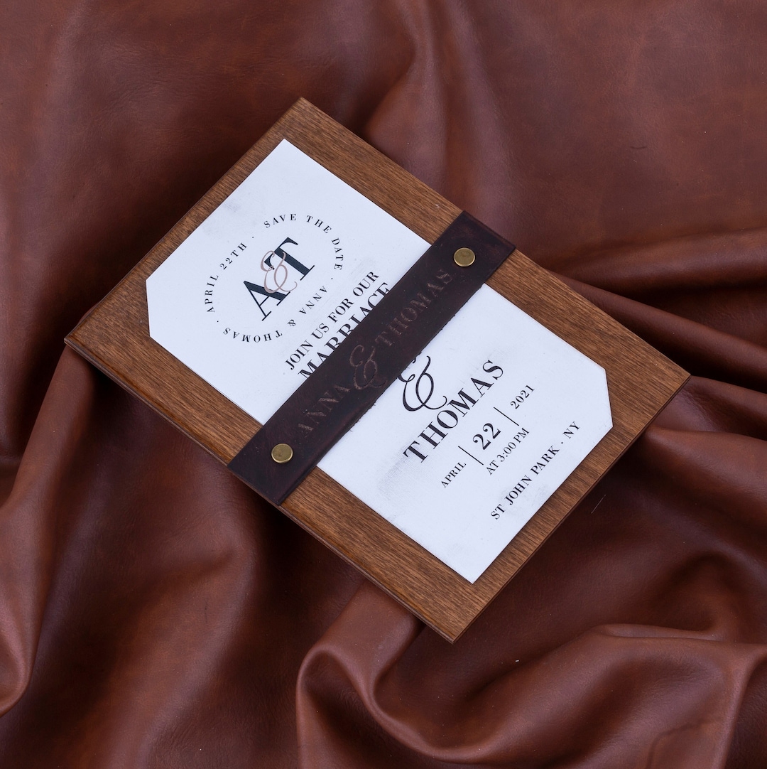 Leather Detailed Wooden Invitation, Wood Wedding Invitation Card ...
