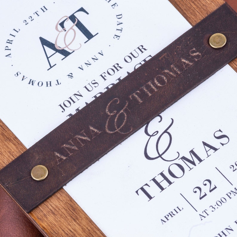 Leather Detailed Wooden Invitation Wood Wedding Invitation - Etsy