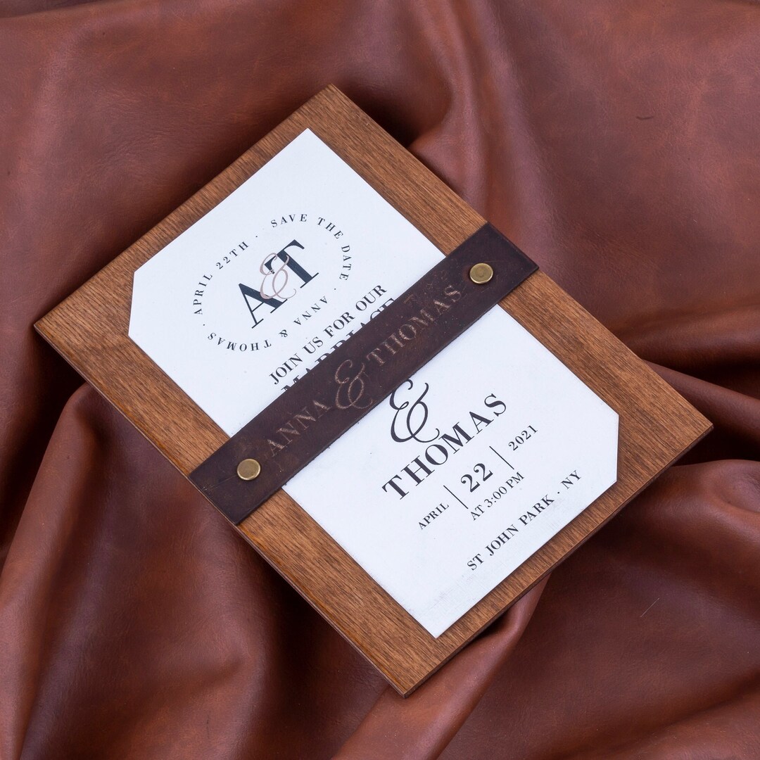 Personalized Wooden Wedding Invitations With Leather Detail - Rustic ...