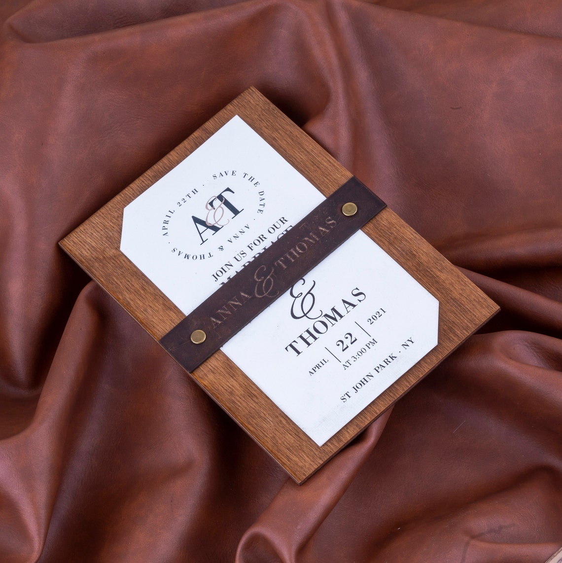 Leather Detailed Wooden Invitation Wood Wedding Invitation - Etsy