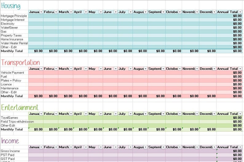 Monthly Annual Expense & Income Tracking Spreadsheet, W/auto-calculate ...