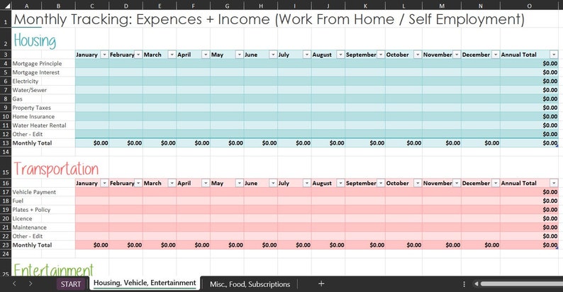 Monthly Annual Expense & Income Tracking Spreadsheet, W/auto-calculate ...