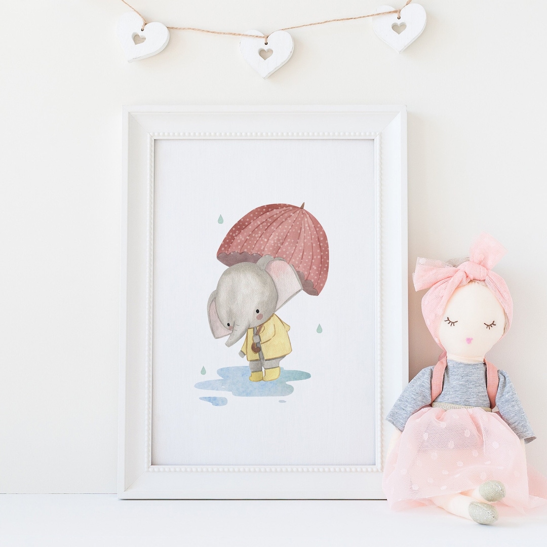 Cute Elephant Watercolor Nursery Art, Animal Watercolor Print, Rainy ...