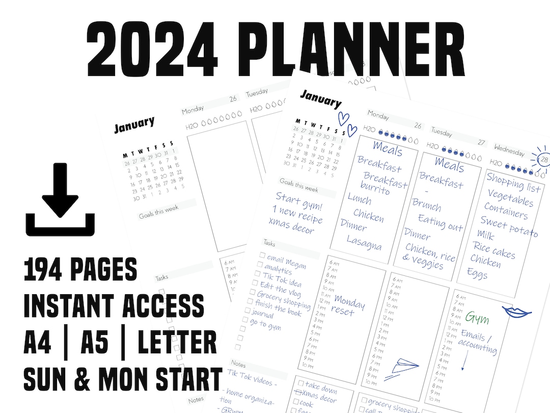 NEW 2024 PLANNER Monday Start Digital File Instant Access PDF Download ...