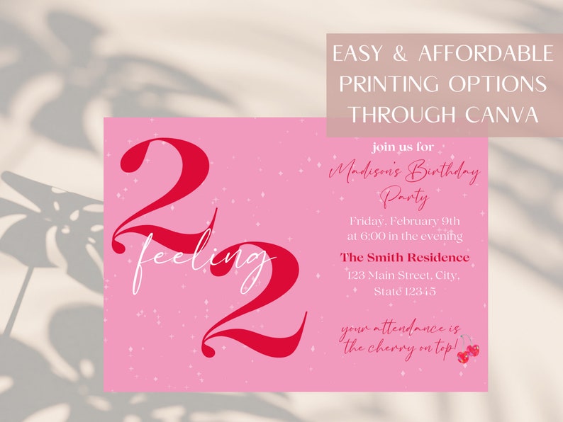Feeling 22 Birthday Invitation | Taylor Swift Feeling 22 Theme Birthday ...