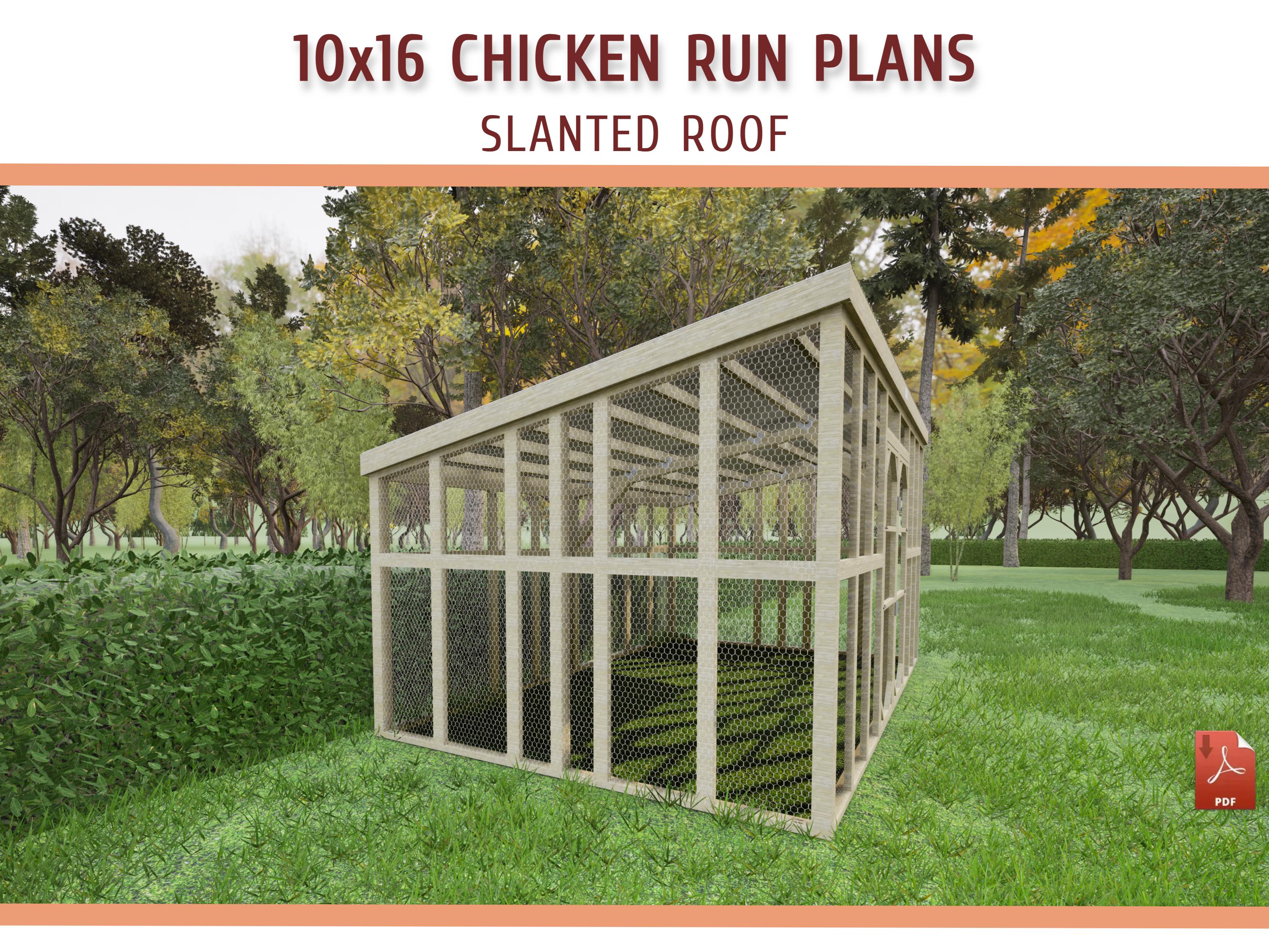 10x16 Walk-in Chicken Coop Run Plans – Large, Slanted Roof DIY (PDF ...
