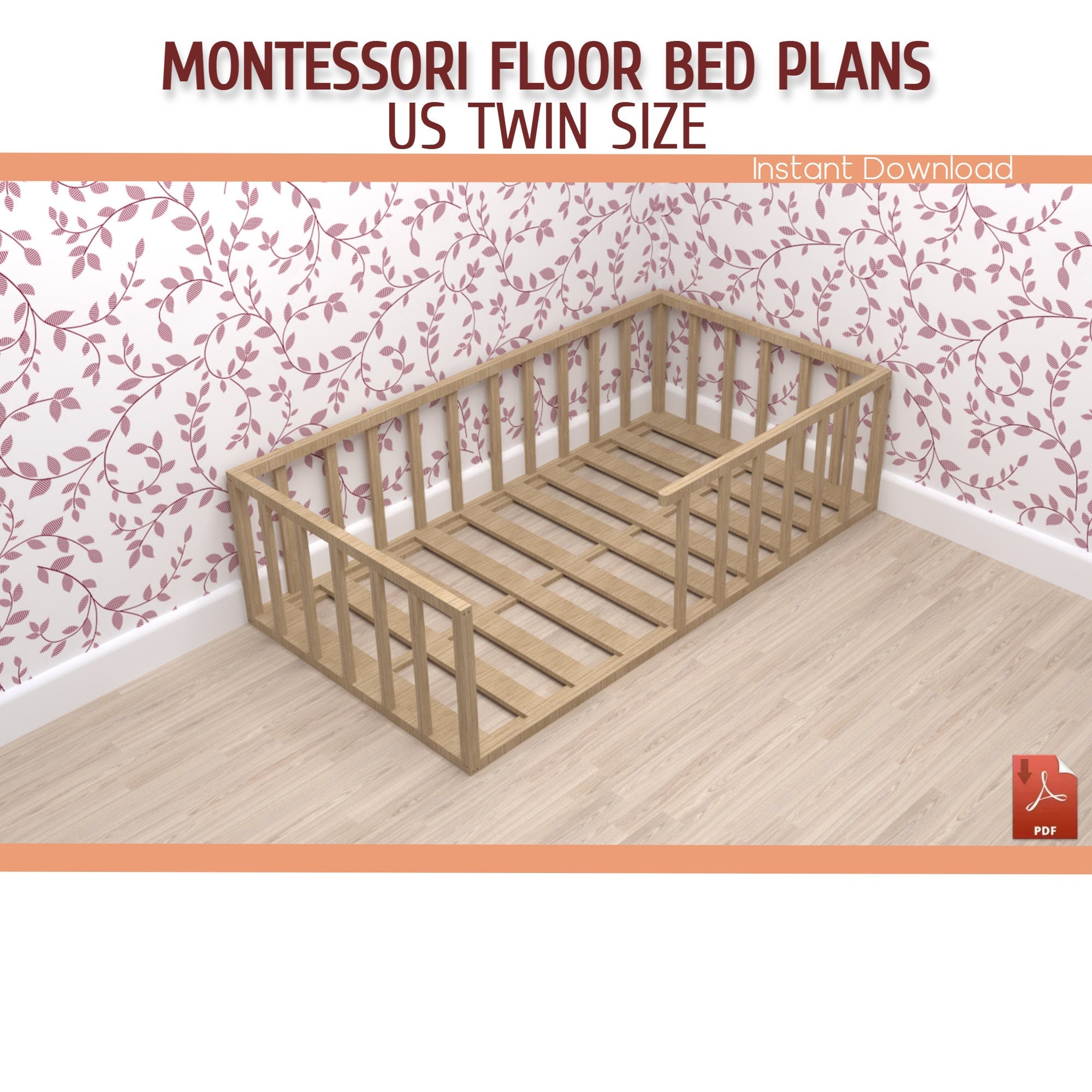Montessori Toddler Floor Bed With Rails Plan DIY US Twin Size Wooden Floor Bed Frame Plans Download PDF Etsy