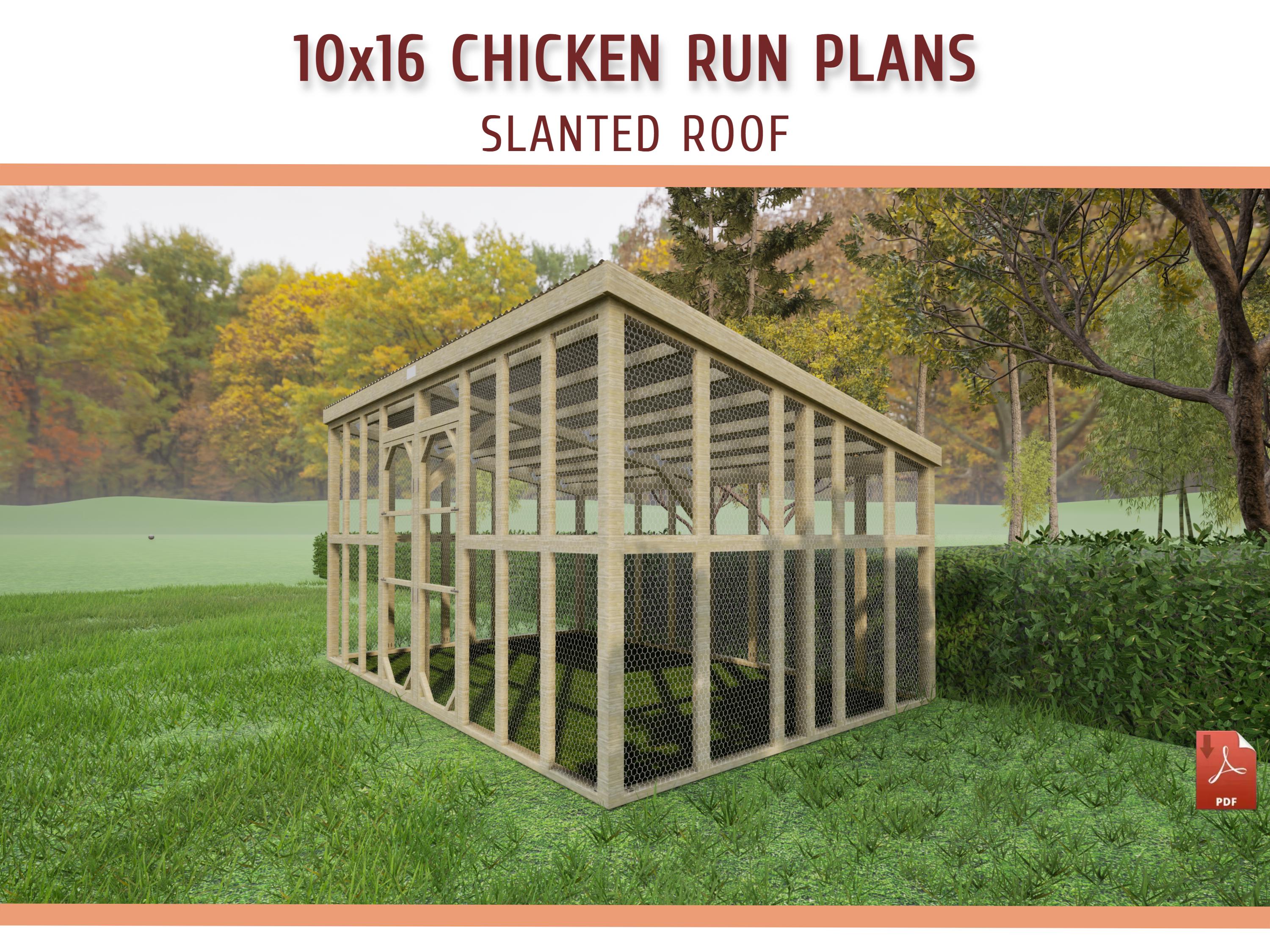 10x16 Walk-in Chicken Coop Run Plans – Large, Slanted Roof DIY (PDF ...