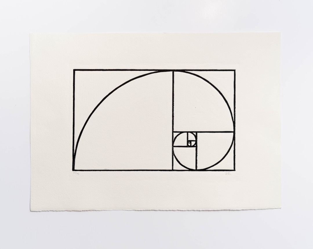The Fibonacci Spiral | Handcarved Linocut Print | Black or Golden Ink ...