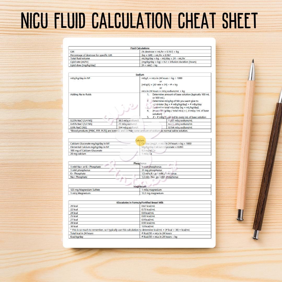 Nicu/neonatal Fluid Calculations Cheat Sheet - Etsy