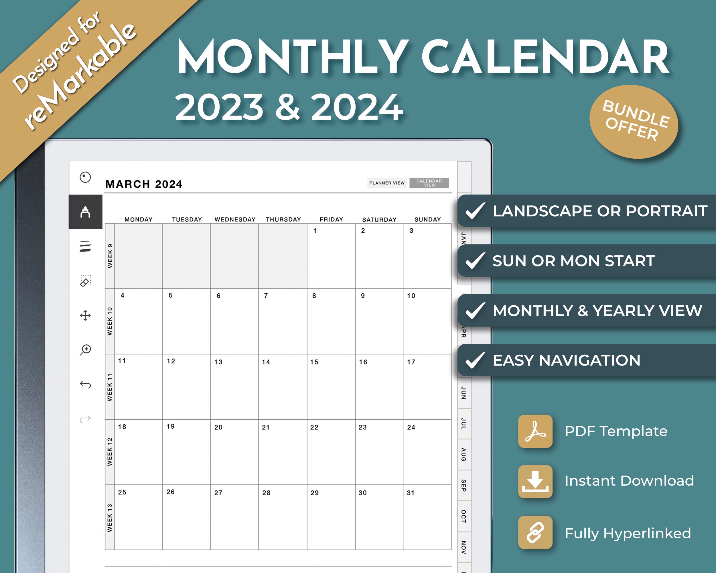 Remarkable Calendar 2023 2024 Monthly Calendar Remarkable 2 Template ...