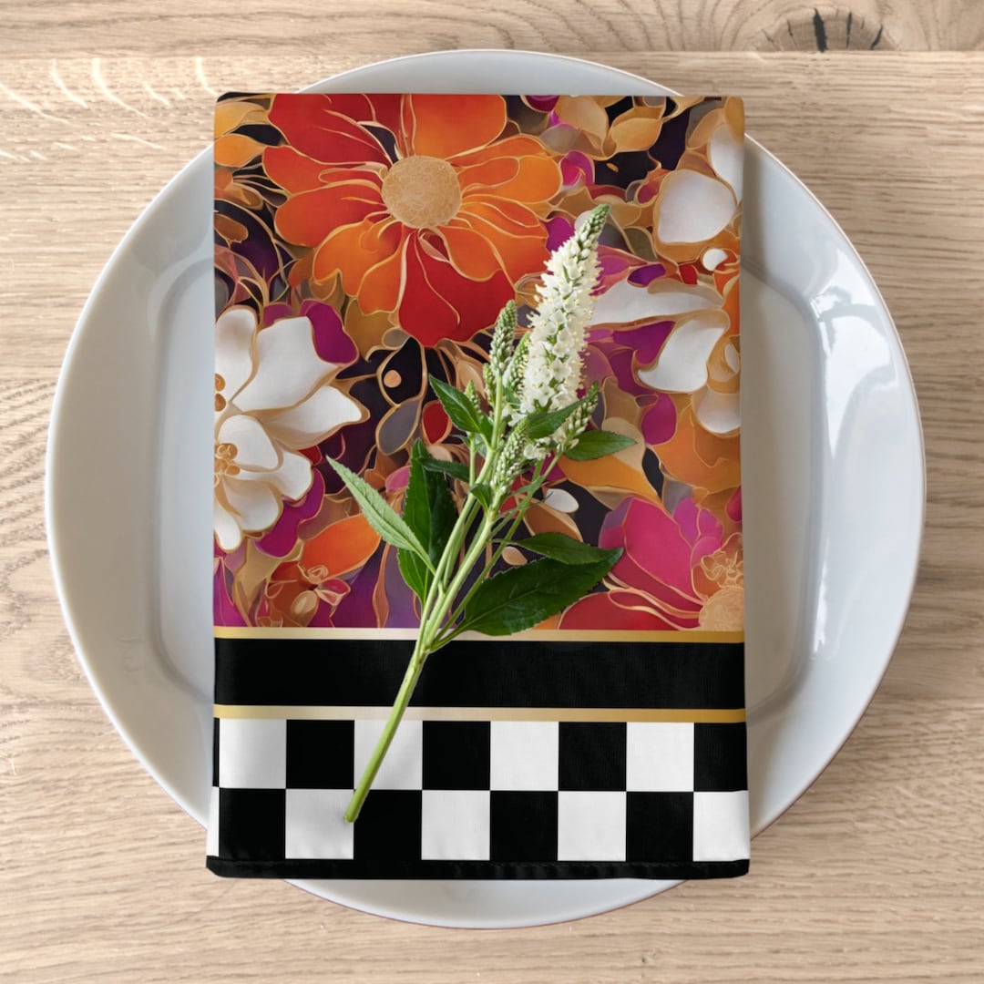 Black and White Checkered Cloth Napkins With Vibrant Flowers Set of 4 ...