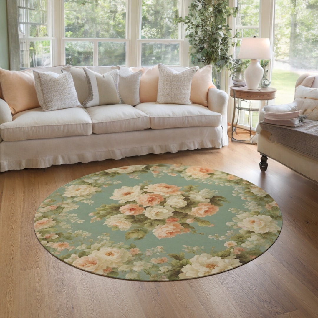 Round Shabby Chic Floral Area Rug Circular Victorian Floral Floor Mat ...