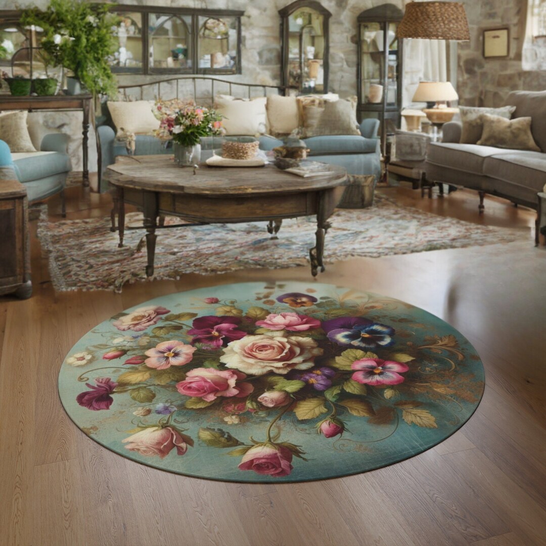 Blue Victorian Floral Area Rug Round Antique Rose Floor Mat Cottage ...
