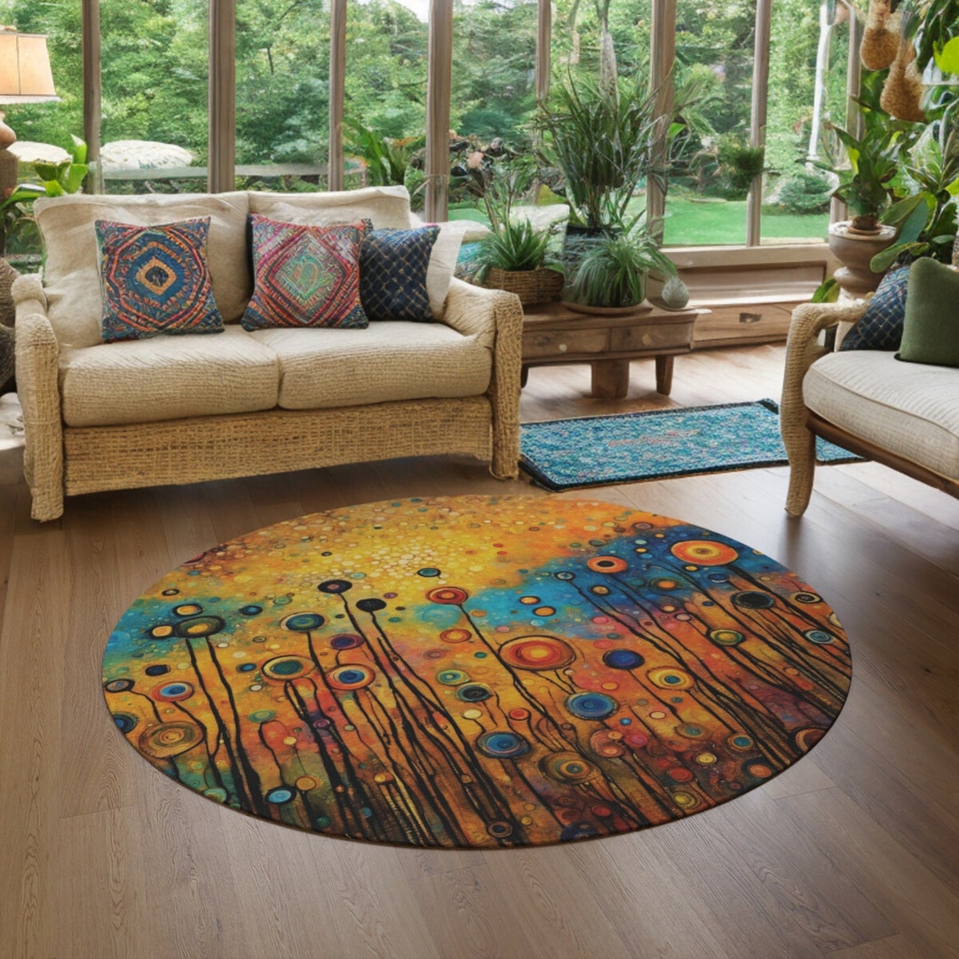 Artistic Modern Art Rug Round Copper Blue Gold Floral Floor Mat ...