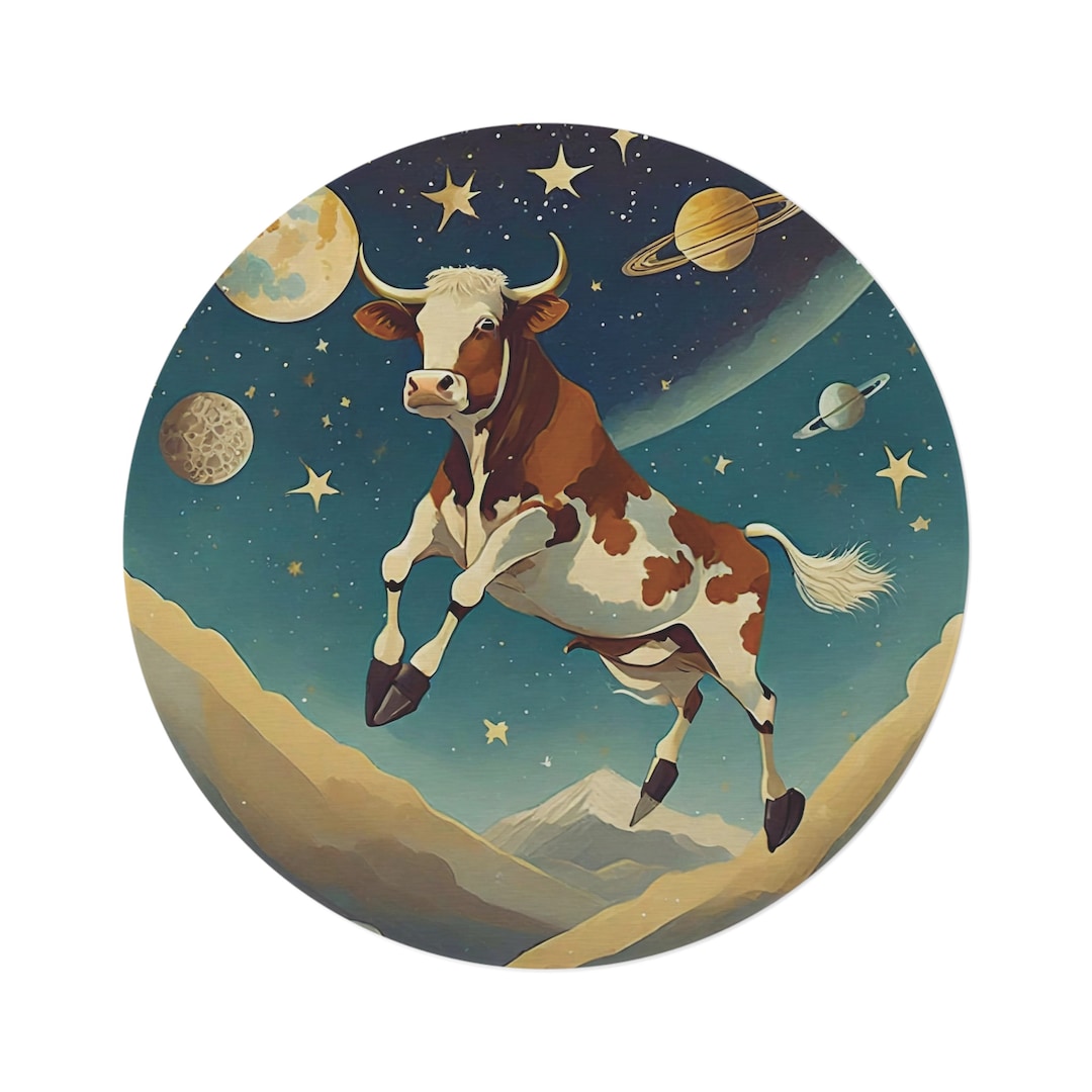 Cosmic Cow Rug Round Mat Farm Animal Rug Cow Jumping Over the Moon Rug ...