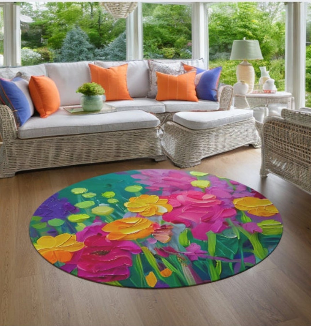 Round Floral Rug/mat Spring Floral Rug Faux Painted Flowers Round Rug ...