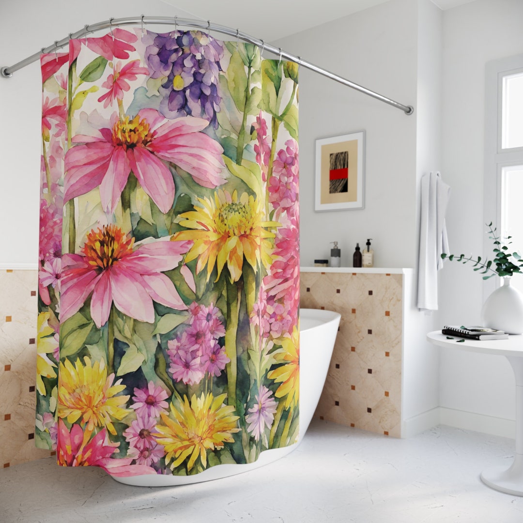 Watercolor Wildflowers Fabric Shower Curtain Wildflower Bathroom Decor